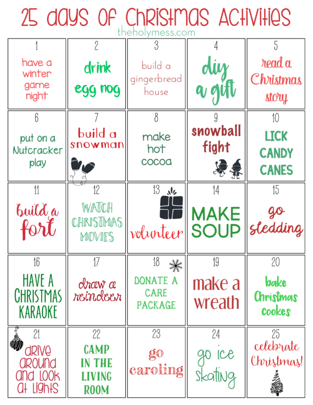 25 Days of Christmas Activities Printable Calendar - The Holy Mess