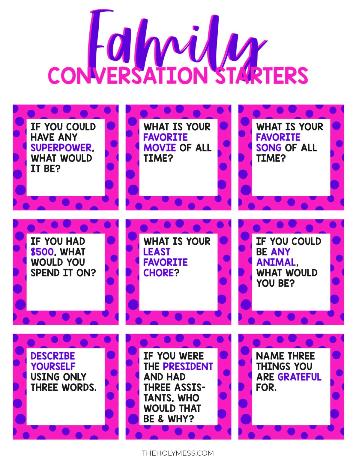 Family Conversation Starter Cards - Free Printable The Holy Mess